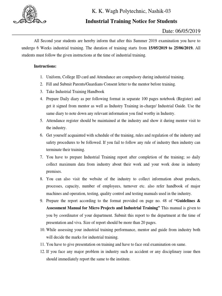 Industrial Training Notice For Students: K. K. Wagh Polytechnic, Nashik ...