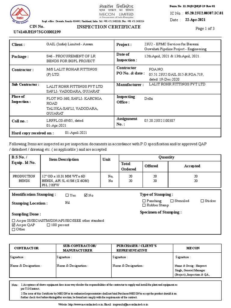 Inspection Certificate: IC No.: Date: Page 1 of 3 | PDF | Mechanical ...