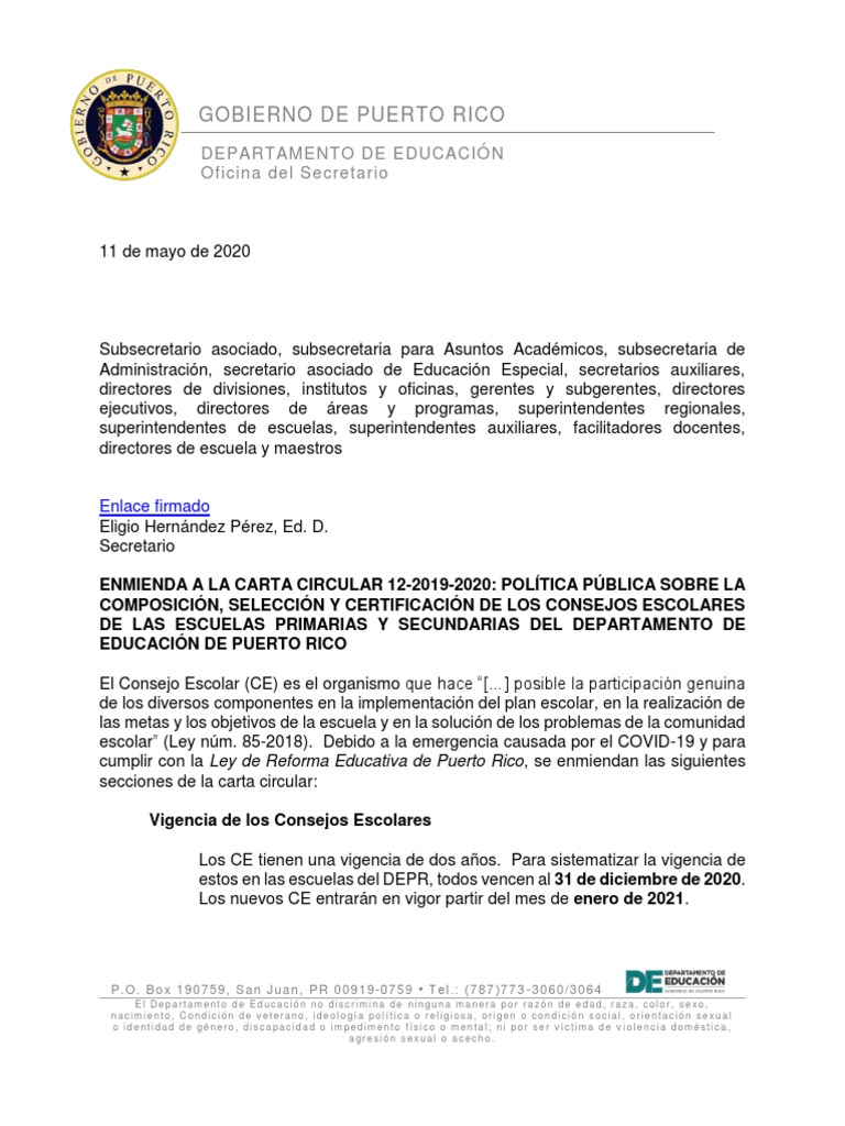 Enmienda Carta Circular 12-2019-2020-Firmado | PDF | Puerto Rico ...