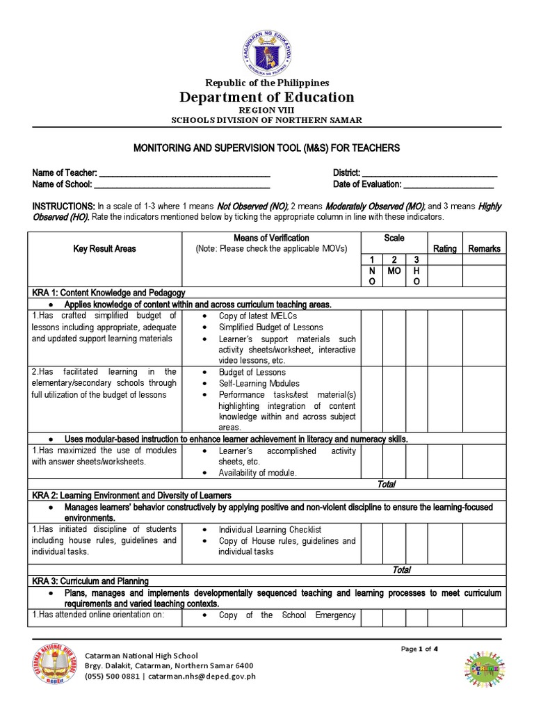 Monitoring & Supervision Tool | PDF | Curriculum | Educational Assessment