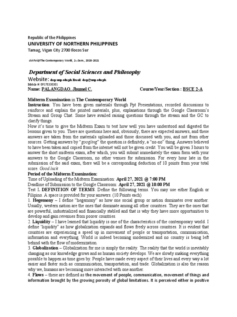 Jhumel Palangdao - TCW Midterm Examination - 2nd Sem, 2020-2021 | PDF | Globalization | Fast Food