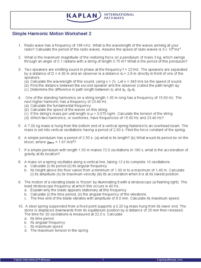Simple Harmonic Motion Worksheet 2: Kaplan International Pathways 1 ...