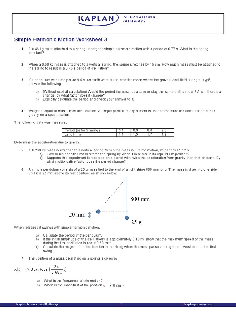 Simple Harmonic Motion Worksheet 3: X (T) (7.8 CM) Cos (T) | PDF ...