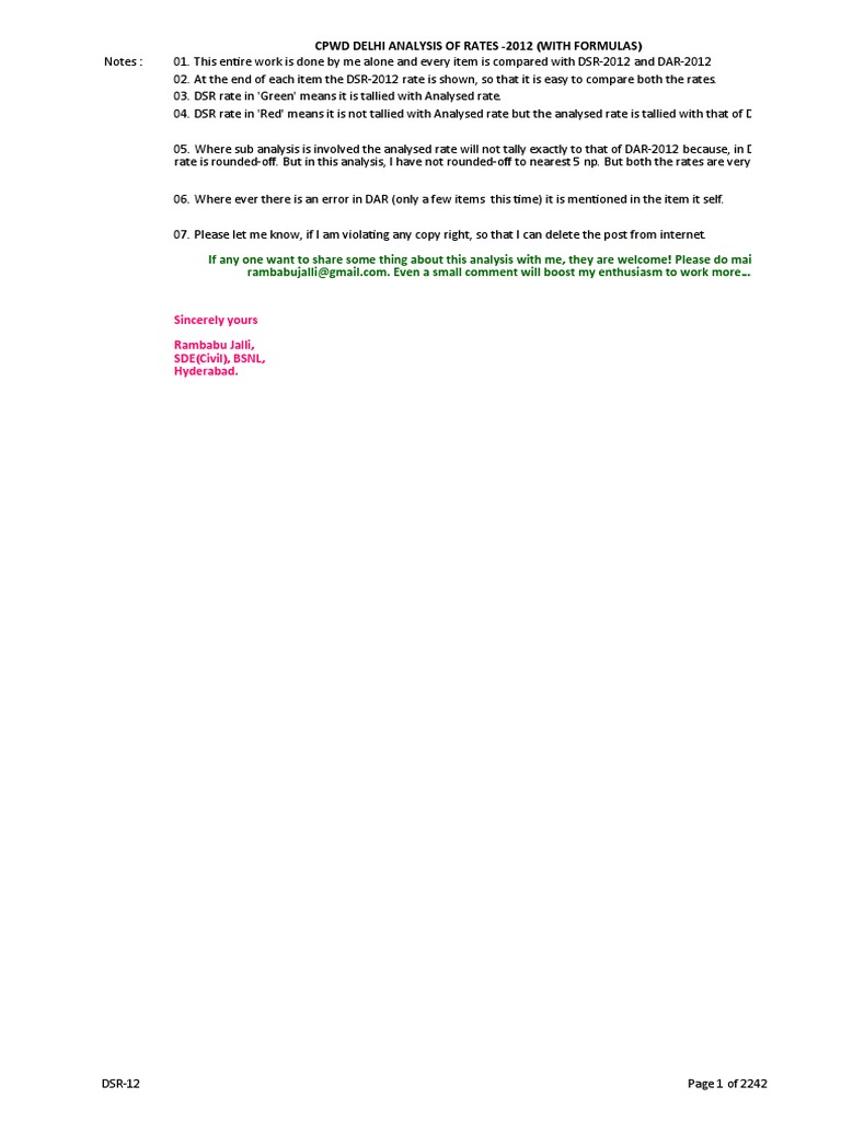 CPWD DSR-2012 Rate Analysis Excel | PDF | Lime (Material) | Cement