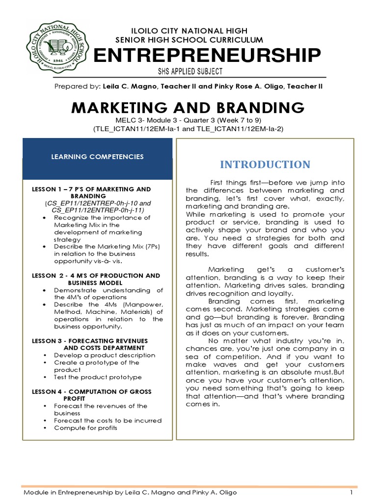 Module 3 Entrepreneurship Final | PDF | Brand | Cost Of Goods Sold