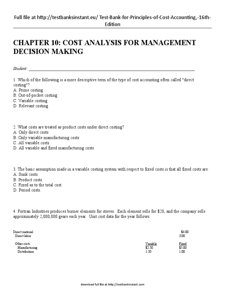 Test Bank For Principles of Cost Accounting, 16th Edition | PDF | Cost ...
