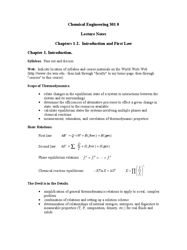 Chemical Engineering 301 0 Lecture Notes Chapters 1-2. Introduction and ...