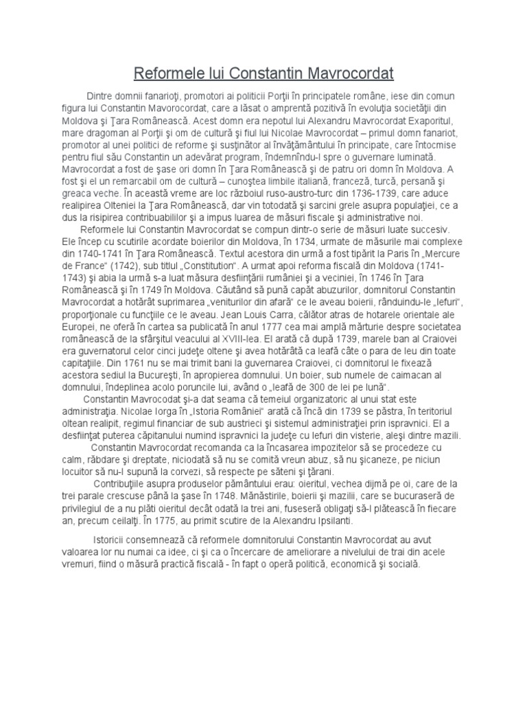 Reformele Lui Constantin Mavrocordat | PDF