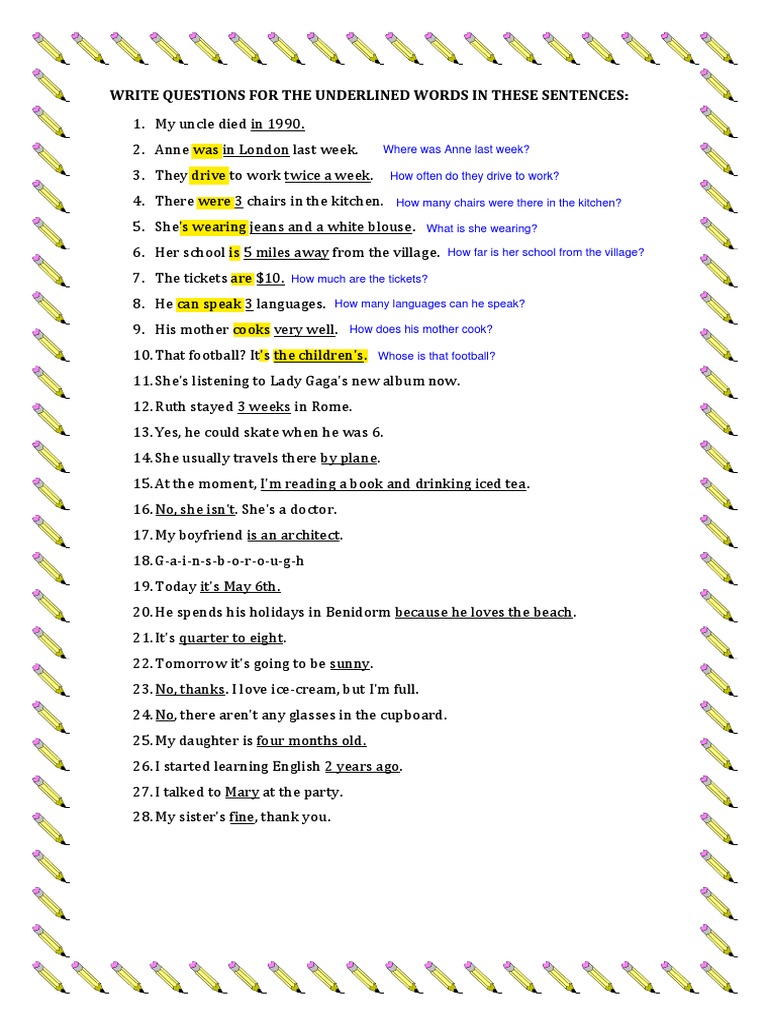 Write Questions For The Underlined Words in These Sentences | PDF ...