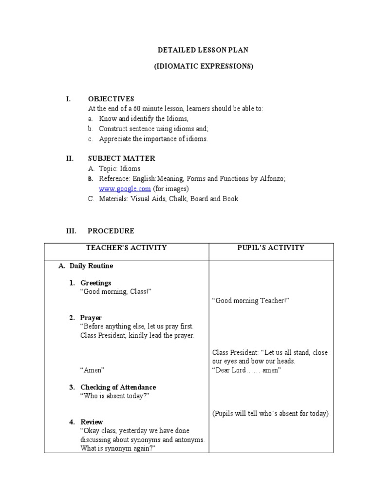 Detailed Lesson Plan Idioms | PDF | Idiom | Languages