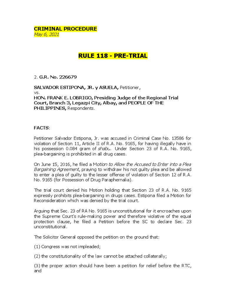 Rule 118 Pre Trial Digest | PDF | Plea Bargain | Plea