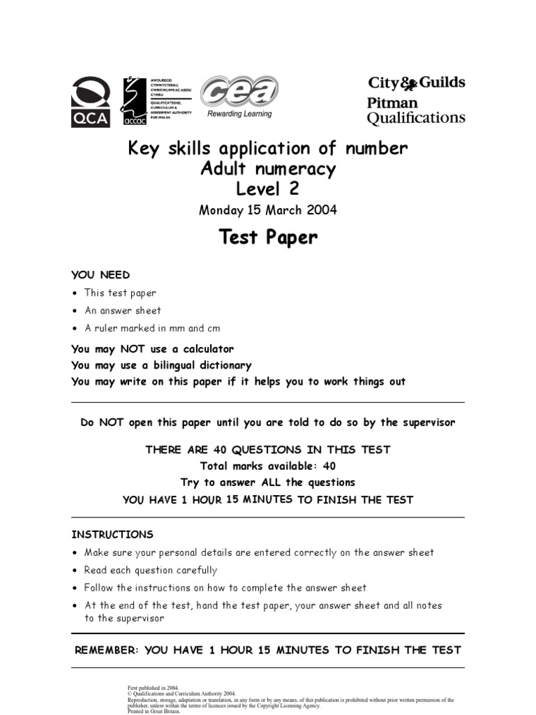 Key Skills Application of Number Adult Numeracy Level 2: Test Paper ...