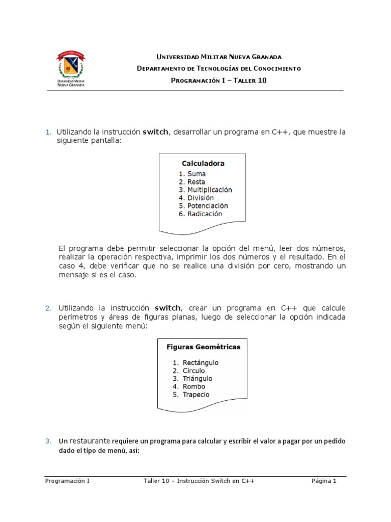 Taller 10 Instruccion Switch en C++ | PDF | C ++ | Ciencias de la Computación
