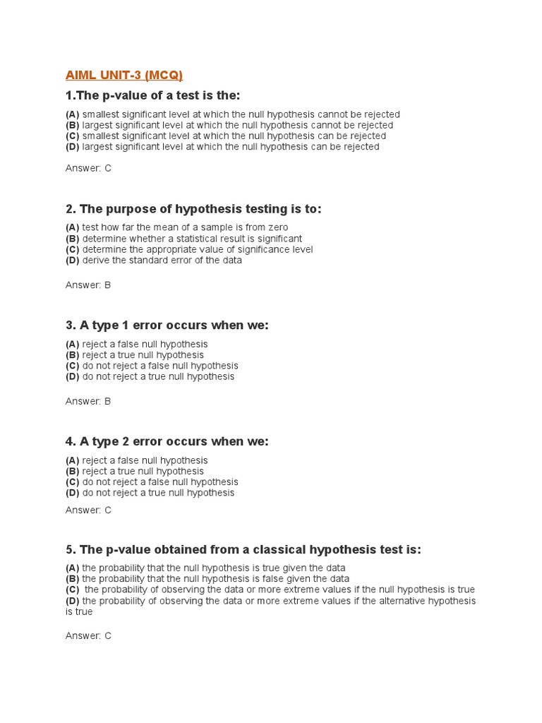 Aiml Unit-3 MCQ | PDF | Statistical Significance | Statistical ...