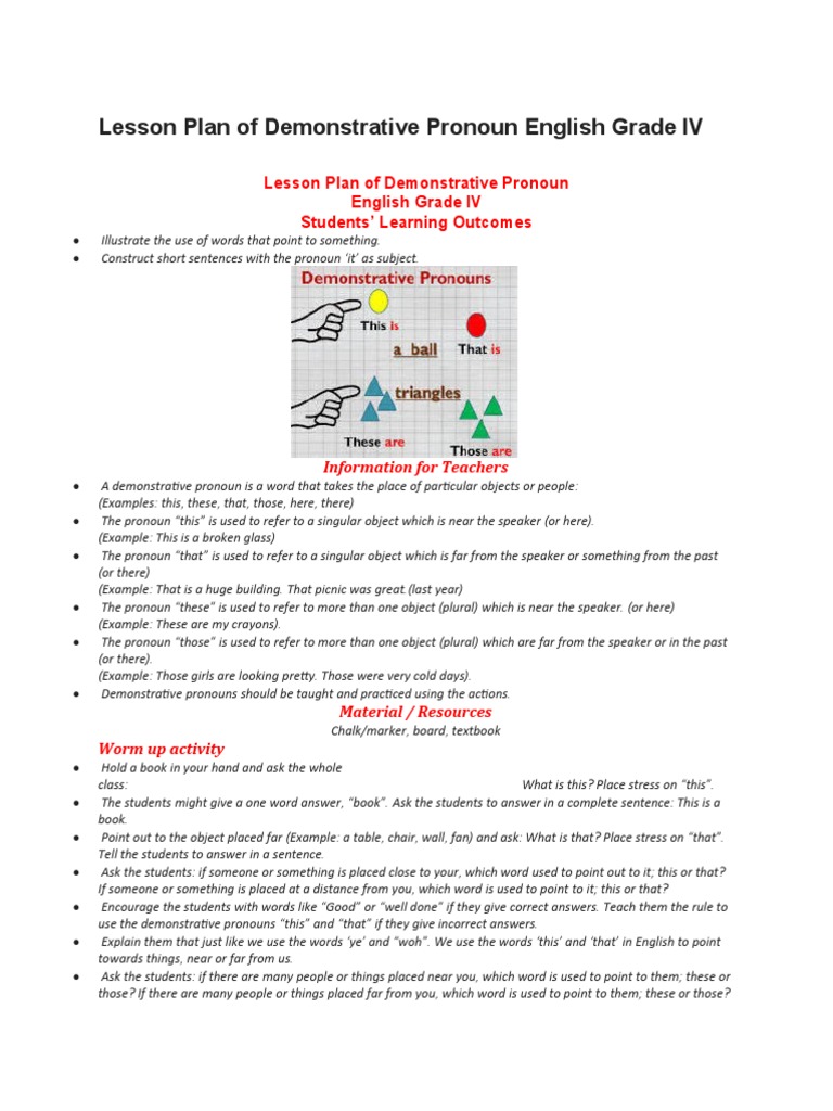 Grade IV Demonstrative Pronouns Lesson Plan | PDF | Grammatical Gender ...