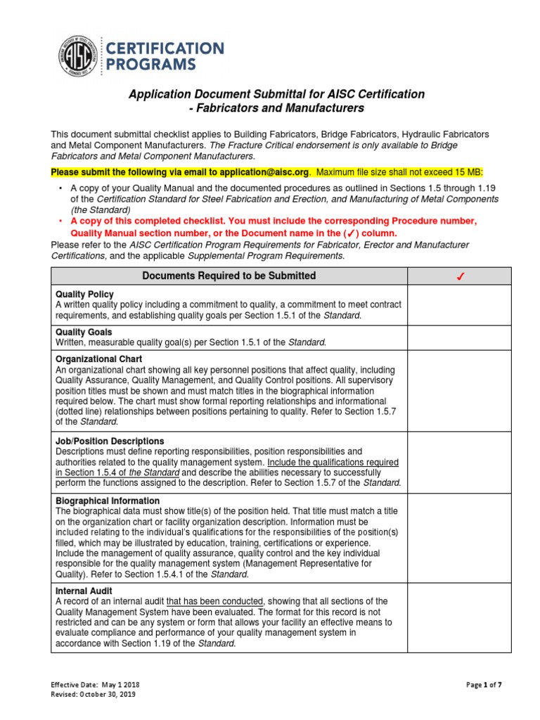 Application Document Submittal For AISC Certification - Fabricators and Manufacturers | PDF ...