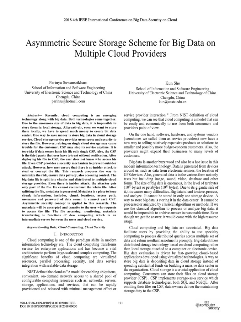 2018 Conferecne Asymmetric Secure Storage Scheme For Big Data On Multiple Cloud Providers Pdf
