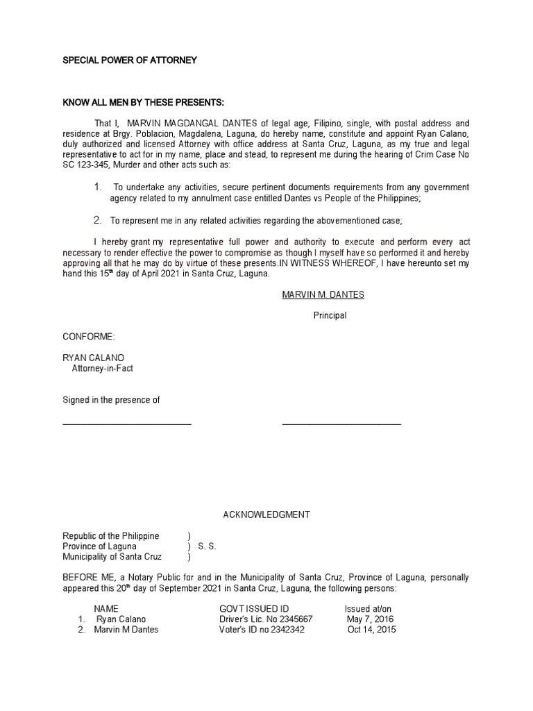 Spa Sample | PDF | Power Of Attorney | Notary Public