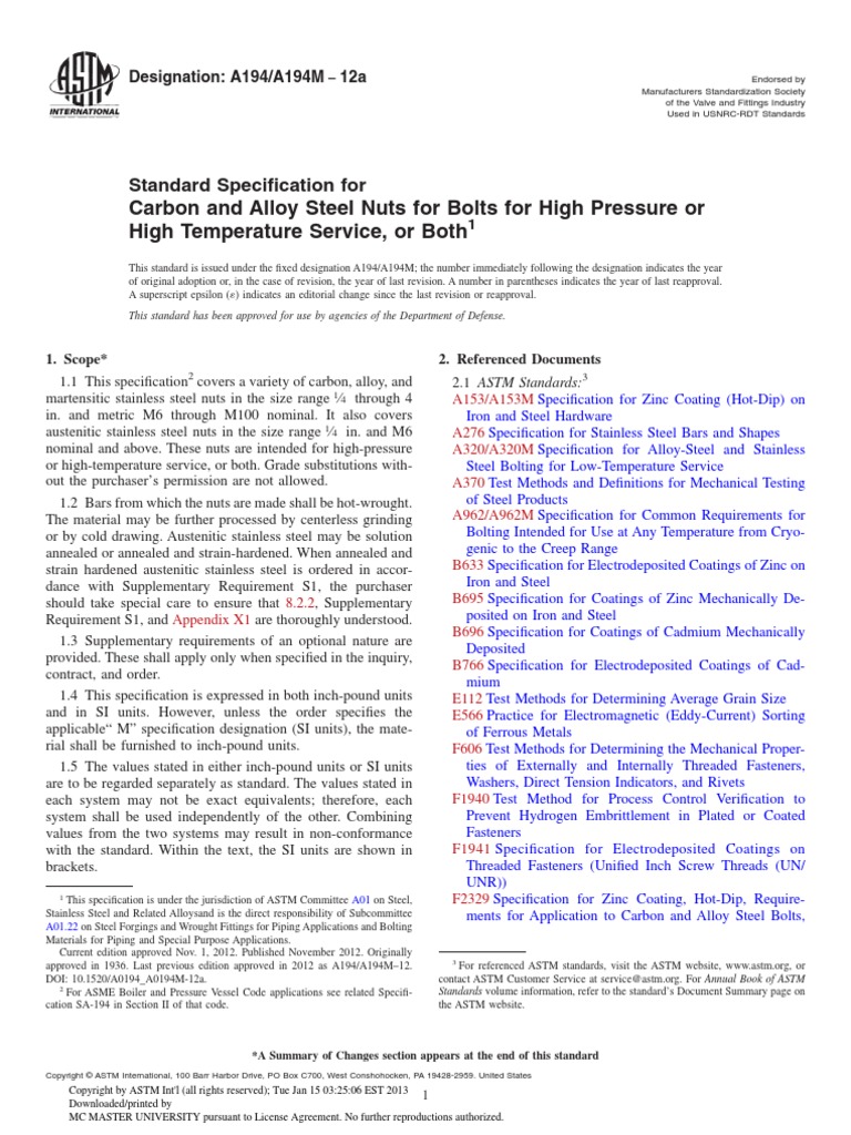 ASTM A 194 A194M 2012a Standard Specification For Carbon and Alloy Steel Nuts For Bolts | PDF ...
