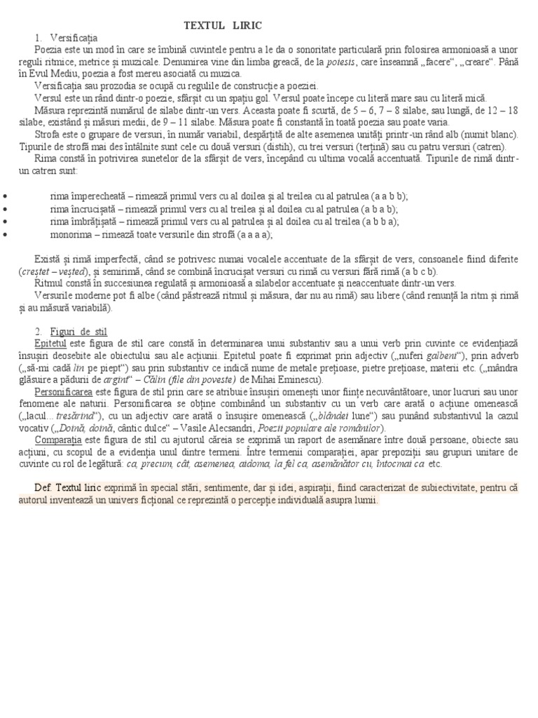 TEXTUL LIRIC, Cls 7 A | PDF