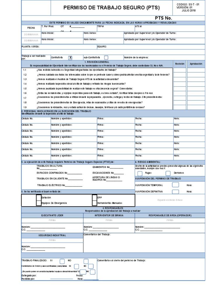 Modelo de Permiso de Trabajo Seguro (PTS) | PDF