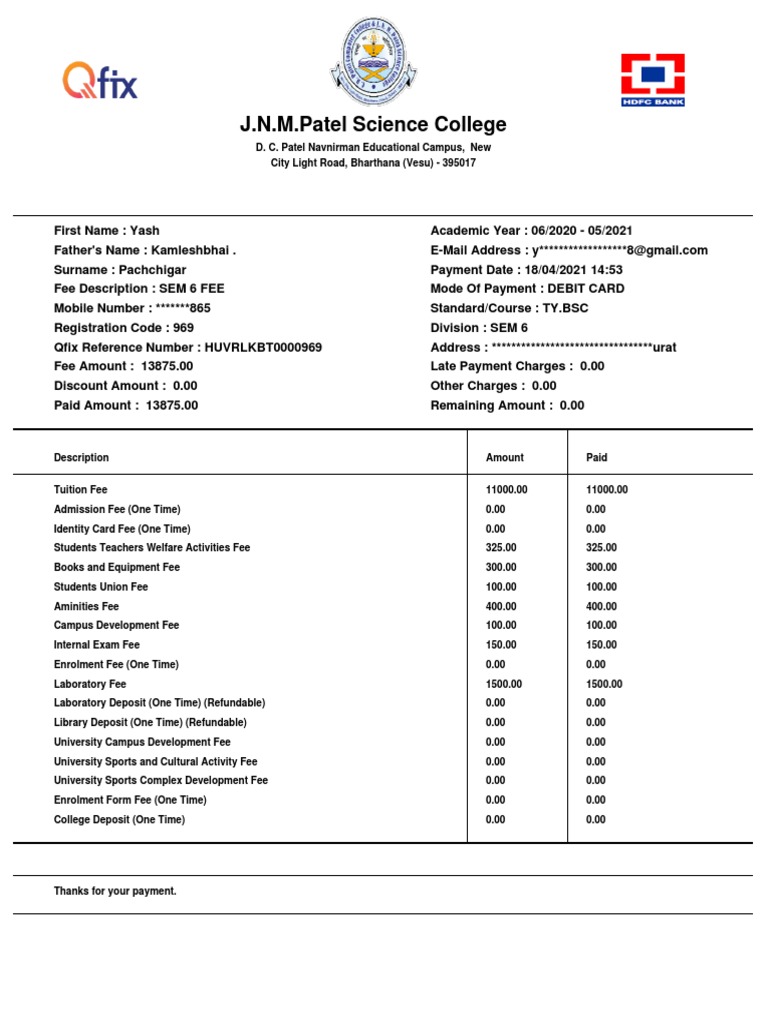 Qfix Payment Receipt Sem 6 Fee | PDF | Fee | Market (Economics)
