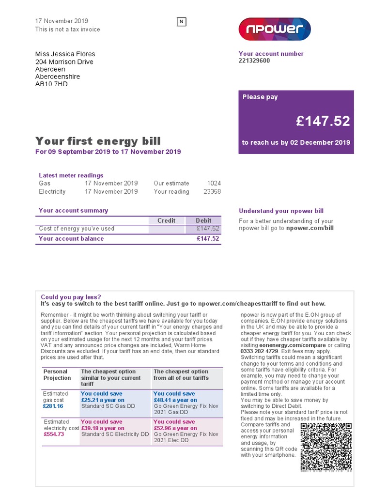 Your First Energy Bill: Miss Jessica Flores 204 Morrison Drive Aberdeen ...
