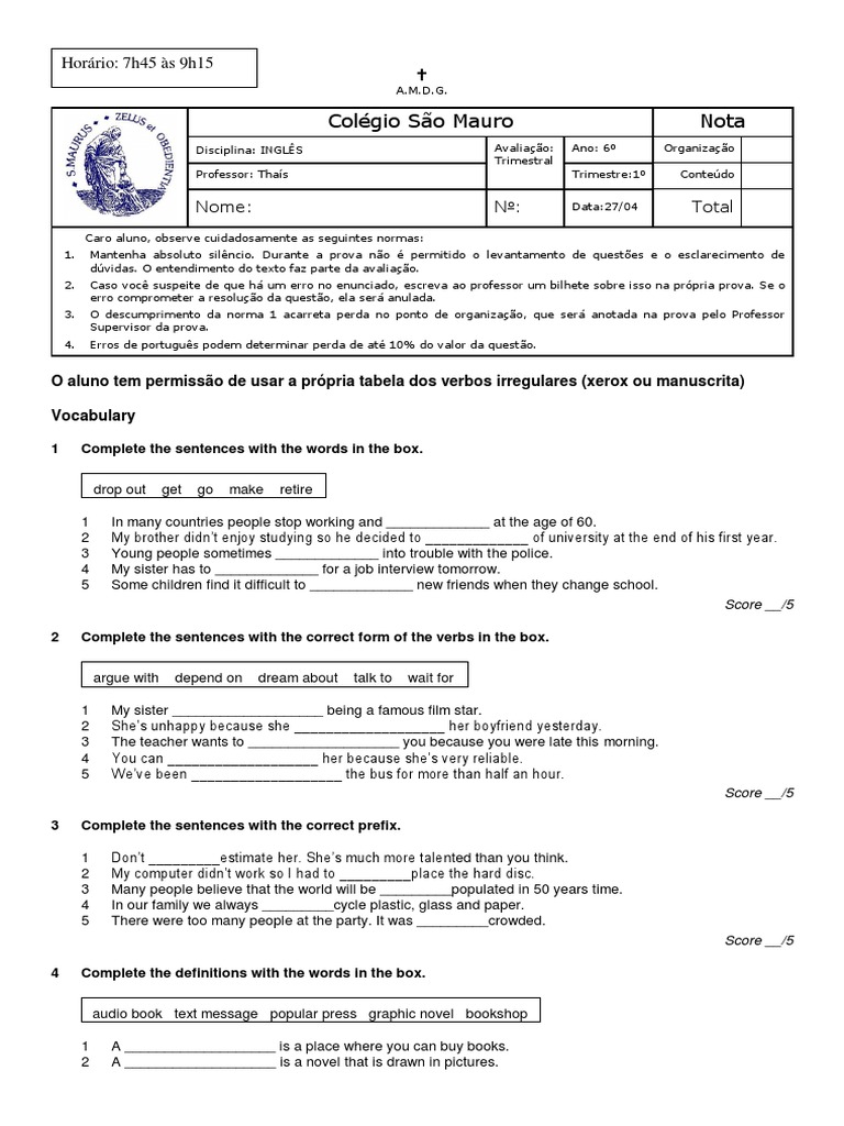 Prova Ingles 9o 1otrim21 | PDF | Linguistics
