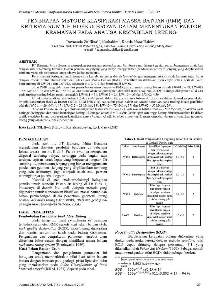 Penerapan Metode Klasifikasi Massa Batuan RMR Dan | PDF