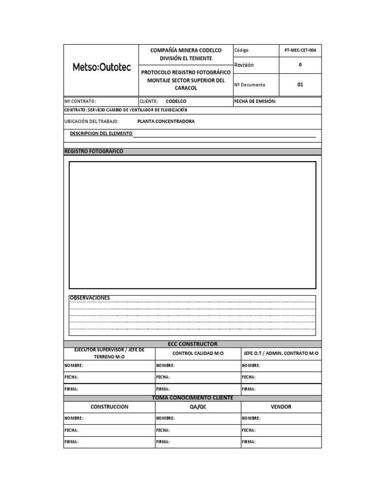 Pt-Mec-Cet-004 Protocolo Registro Fotografico Montaje Sector Superior Del Caracol | PDF | Tecnología