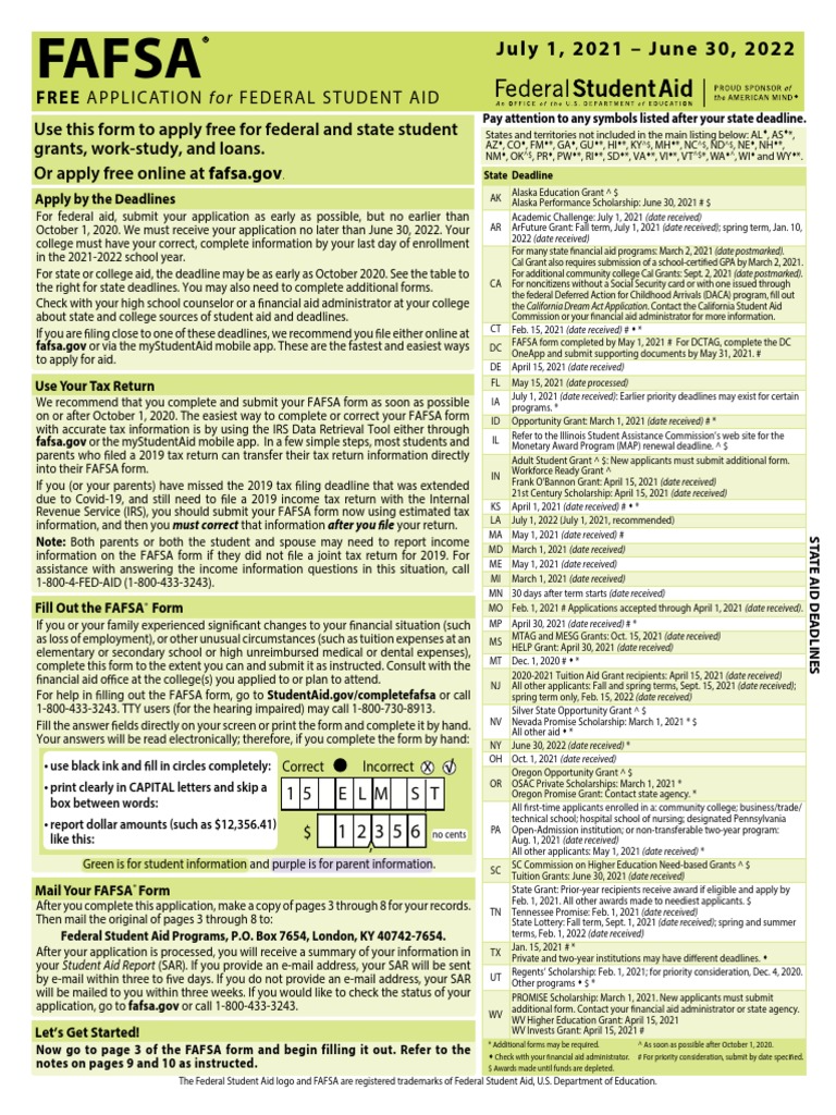 Use This Form To Apply Free For Federal and State Student Grants, Work ...