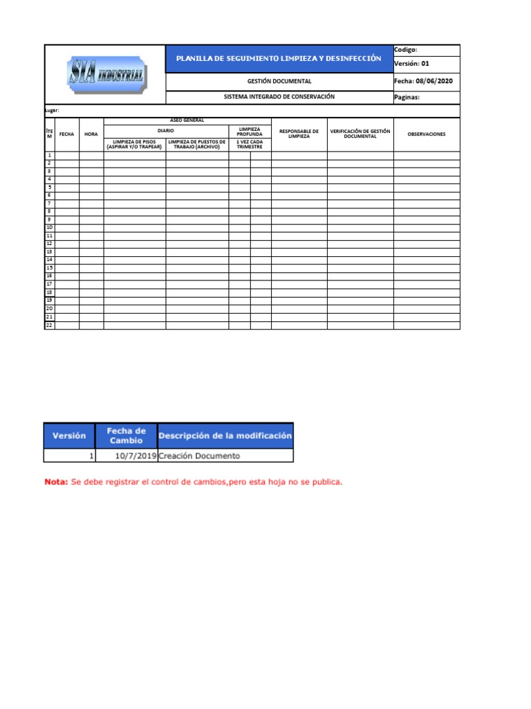 Formato Planilla de Limpieza y Desinfeccion | PDF