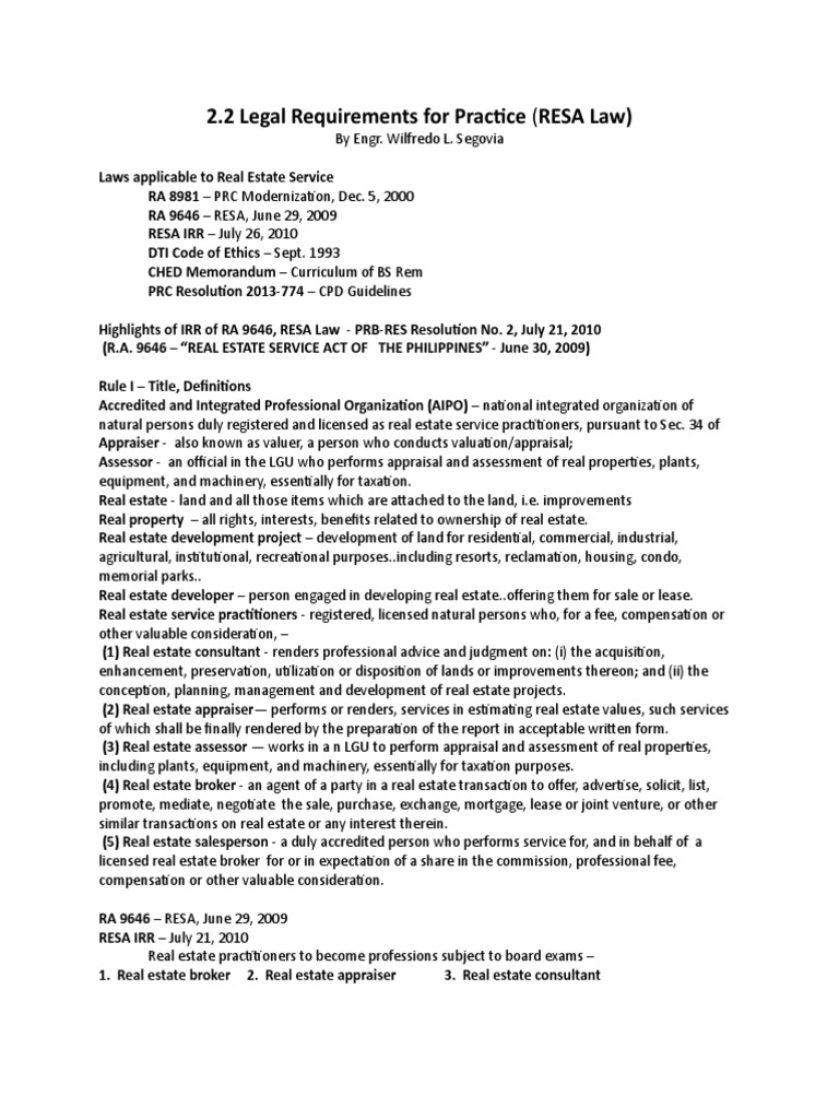 Legal Requirements for Real Estate Practice (RESA Law | PDF | Real ...