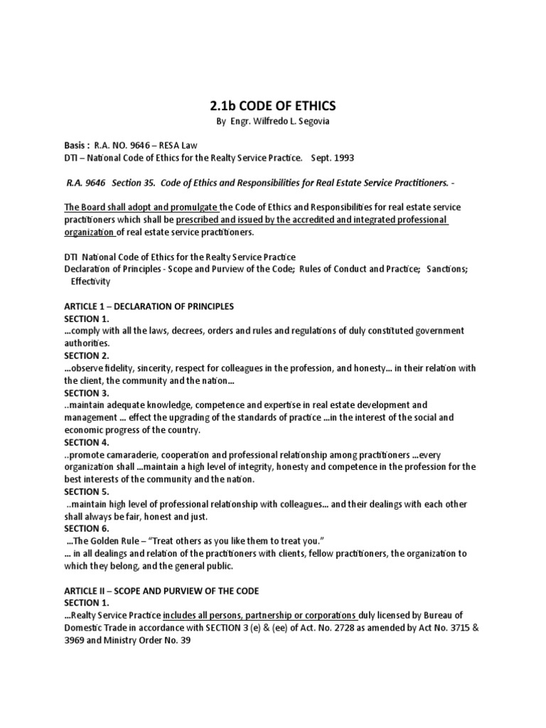 2.1 Ethics | PDF | Real Estate Broker | Sales