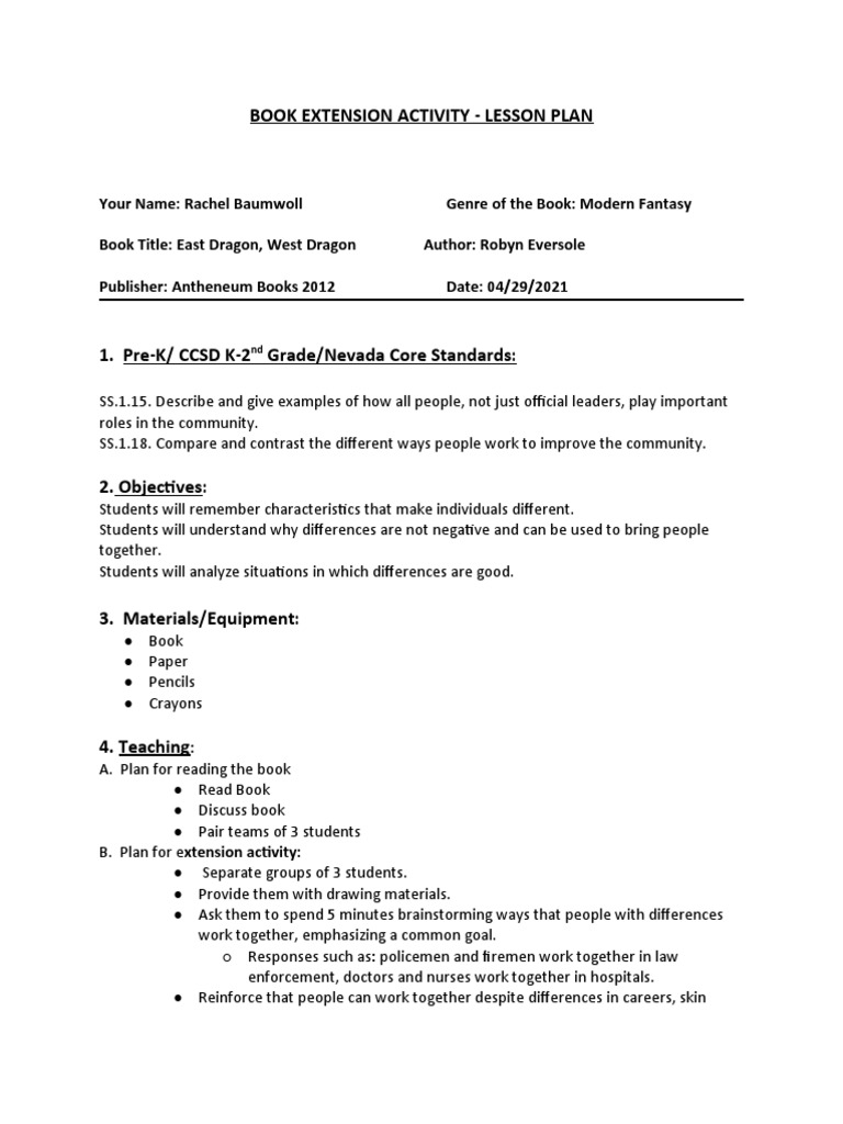 Book Extension Activity - Lesson Plan | PDF | Wellness