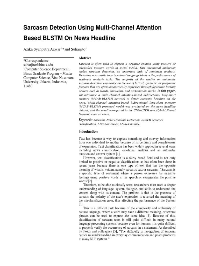 Sarcasm Detection Using Mcab Blstm On News Headline Pdf Deep Learning Applied Mathematics