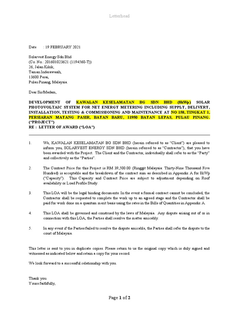 SLV - Letter of Award Template | PDF | Energy And Resource | Business