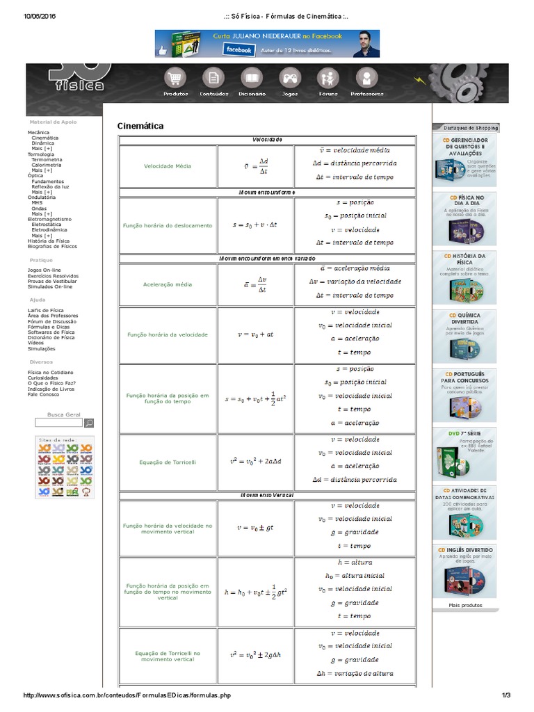 Fórmulas de Cinemática | PDF | Cinemática | Velocidade