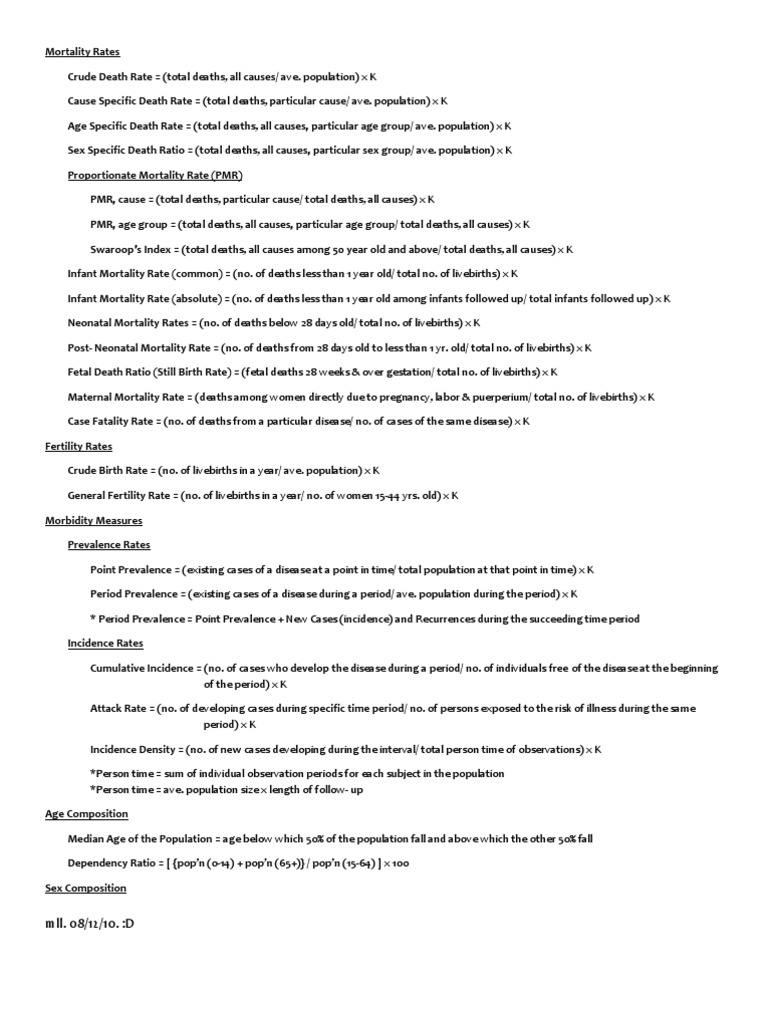 Formula Sheet | PDF | Incidence (Epidemiology) | Prevalence