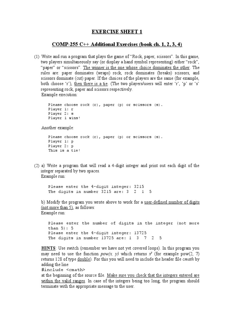 Exercise Sheet 1 COMP-255 C++ Additional Exercises (Book Ch. 1, 2, 3, 4 ...