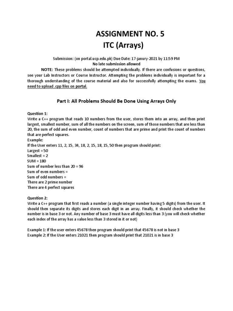 Assignment No. 5 ITC (Arrays) : Part I: All Problems Should Be Done ...