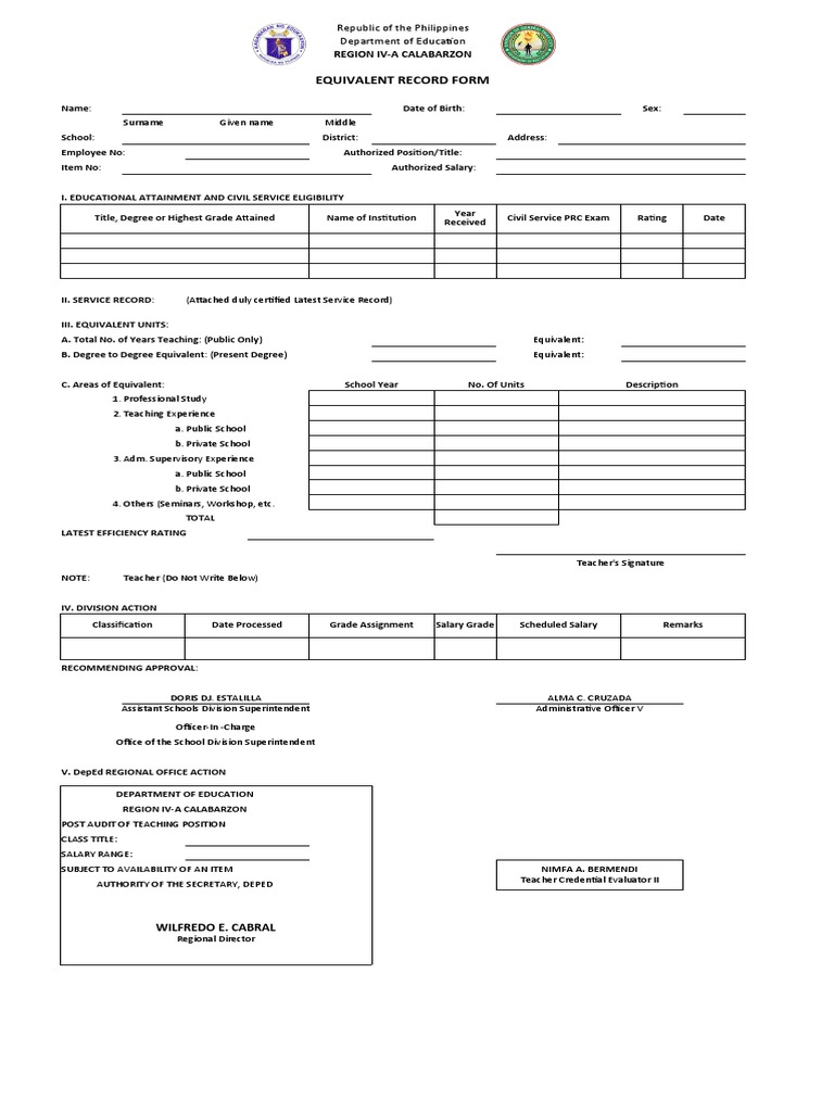 Equivalent Record Form: Region Iv-A Calabarzon | PDF | Teachers | Test ...