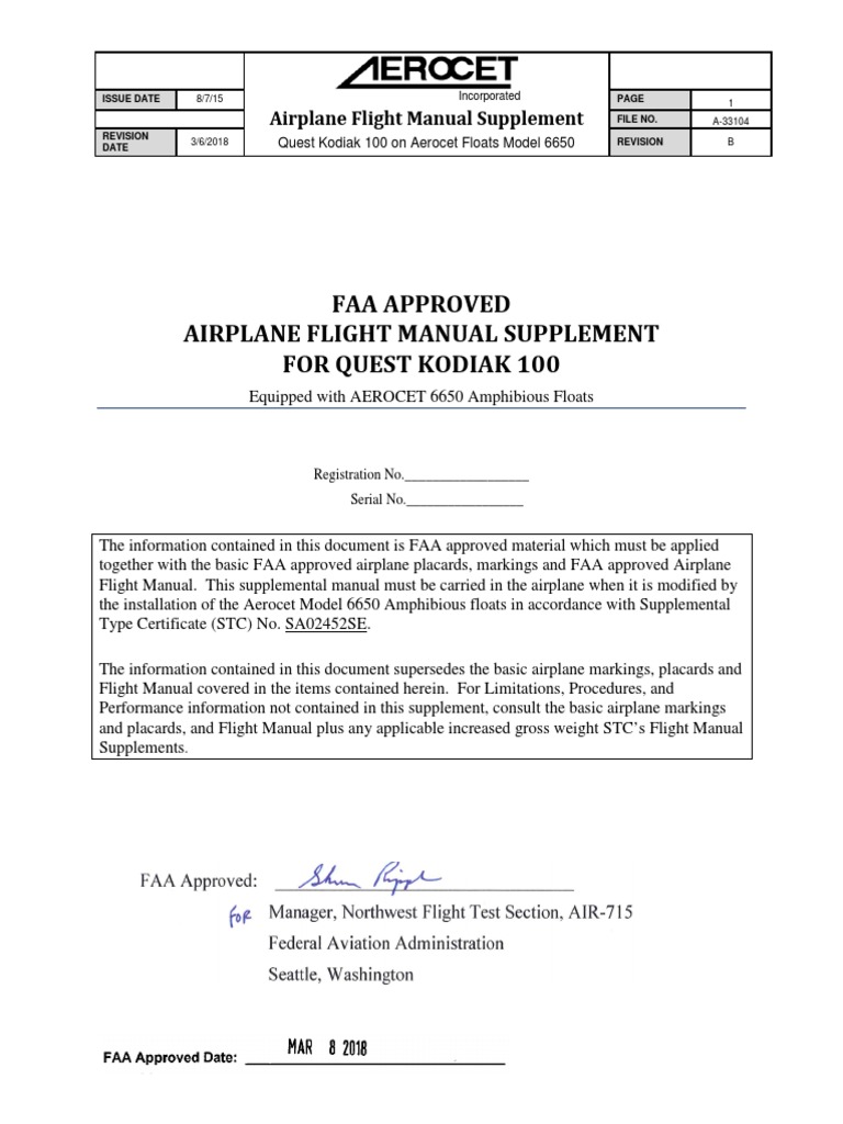 Kodiak 100 Floats A-33104 Specifications | PDF | Takeoff | Landing Gear