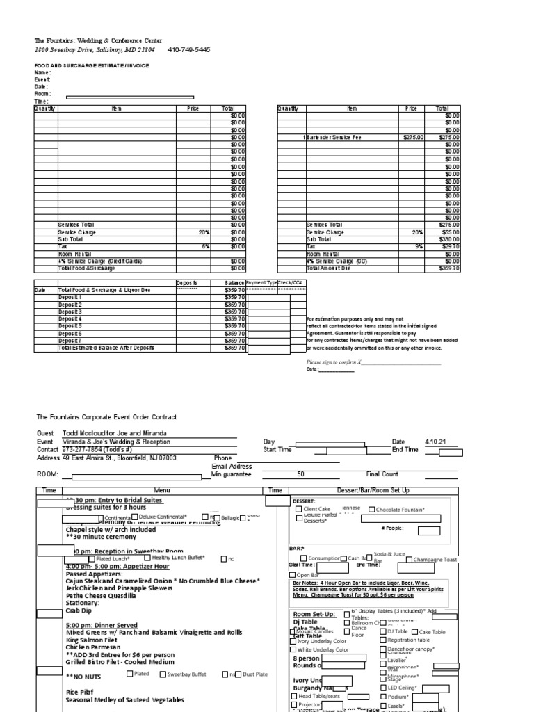 BEO For Joe and Mirand's Wedding and Reception | PDF | Fee | Cooking