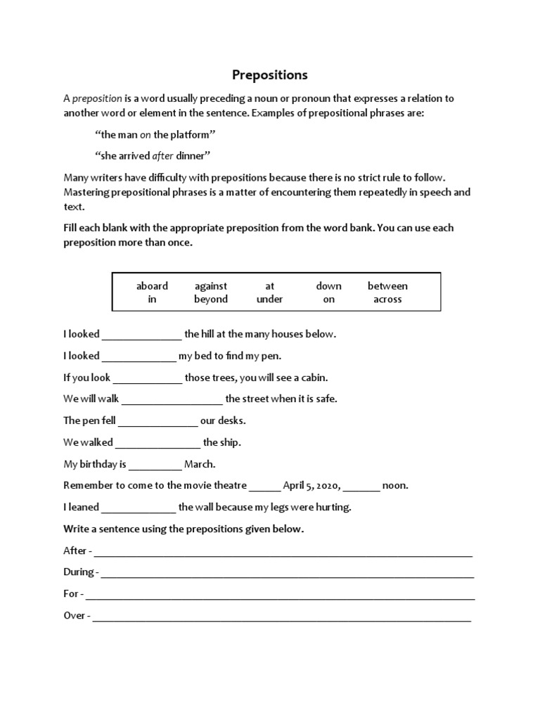 Grammar - Preposition Worksheet | PDF | Language Arts & Discipline