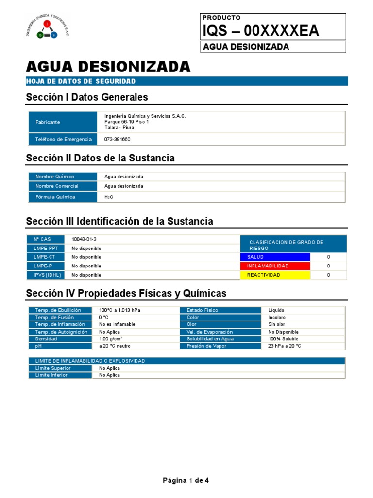 [TITULO] Hoja de datos de seguridad para agua desionizada | PDF | Solubilidad | Agua
