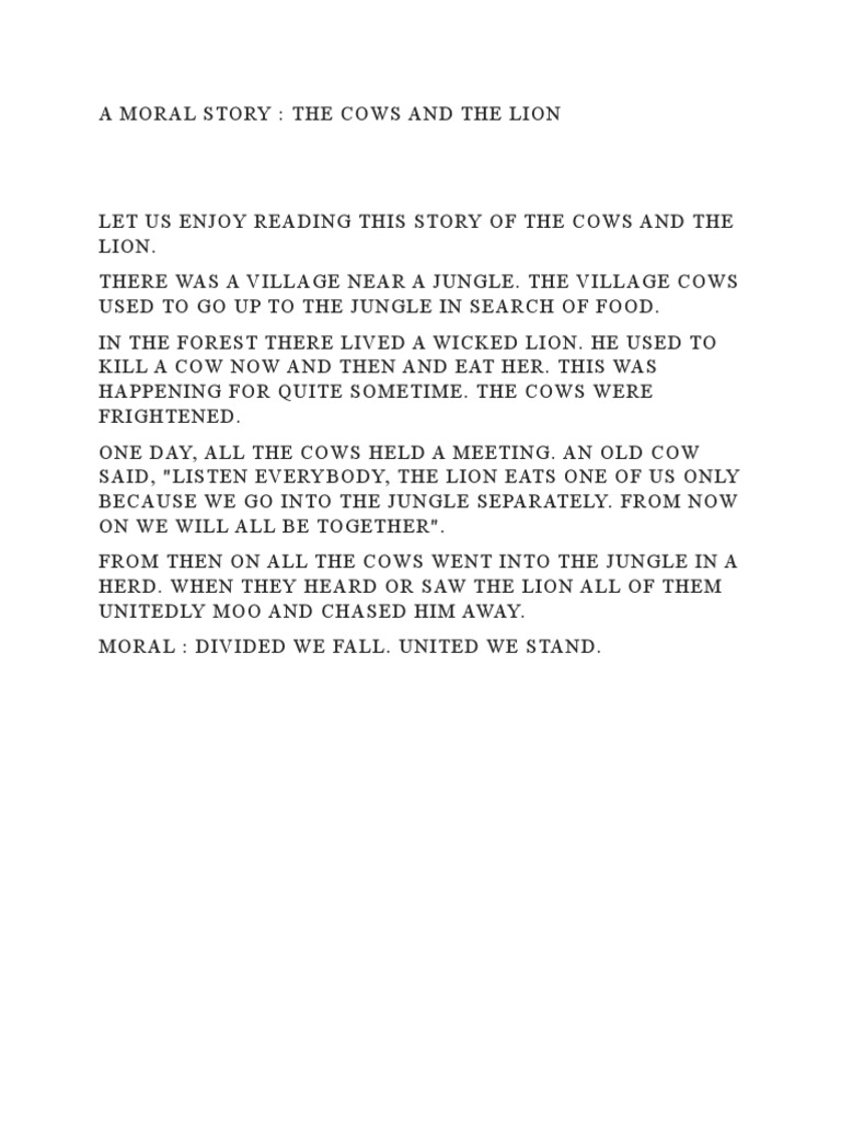 A Moral Story The Cows and The Lion | PDF