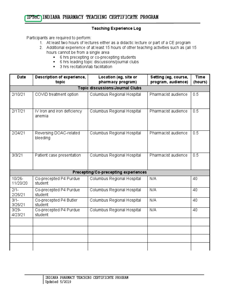 Indiana Pharmacy Teaching Certificate Log | PDF | Pharmacy | Lecture