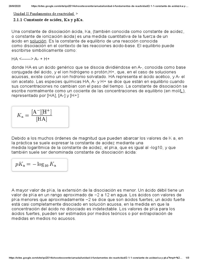 2 1 1 Constante de Acidez Ka y Pka | PDF | Constante de disociación ácida | Disociación (química)