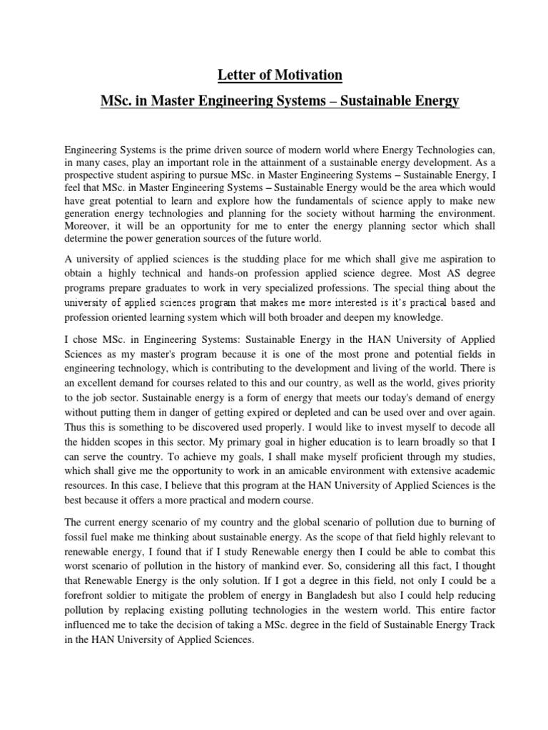 Motivation for MSc in Renewable Energy | PDF | Master Of Science ...